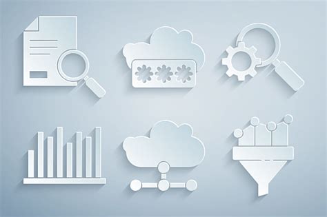 설정 네트워크 클라우드 연결 돋보기 및 기어 파이 차트 인포그래픽 판매 깔때기 암호 보호 및 문서 검색 아이콘 벡터 벡터에 대한