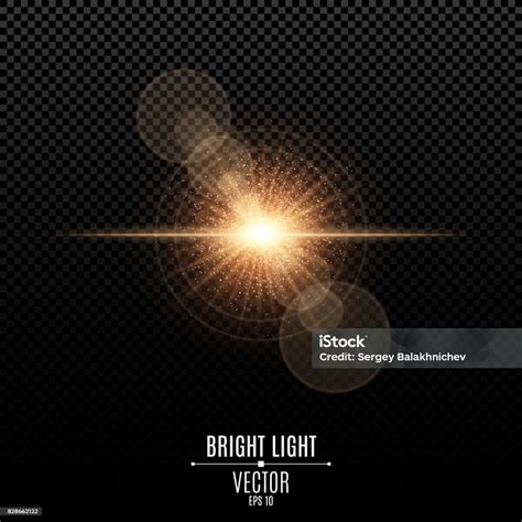 황금 색의 밝은 별 빛의 오렌지 플래시입니다 추상적인 황금 빛 그리고 빛의 광선입니다 카메라 효과입니다 마법의 황금 먼지입니다 Bokeh 섬광 벡터 일러스트 레이 션