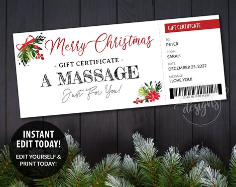Christmas Massage T Certificate Printable Editable Template Personalized Massage Coupon
