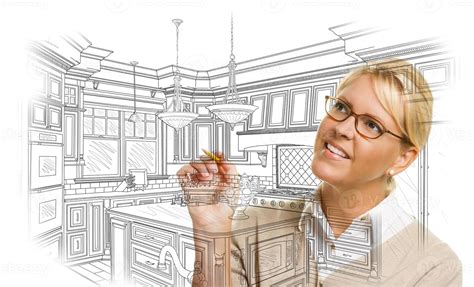Woman With Pencil Drawing Custom Kitchen Design 16425551 Stock Photo At Vecteezy