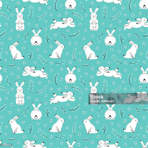 부활절 꽃 흰 토끼와 완벽 한 패턴입니다 작은 토끼 봄 또는 여름 배경입니다 나뭇잎과 꽃 귀여운 토끼 Hares 벡터 일러스트 공휴일에 대한 스톡 벡터 아트 및 기타 이미지
