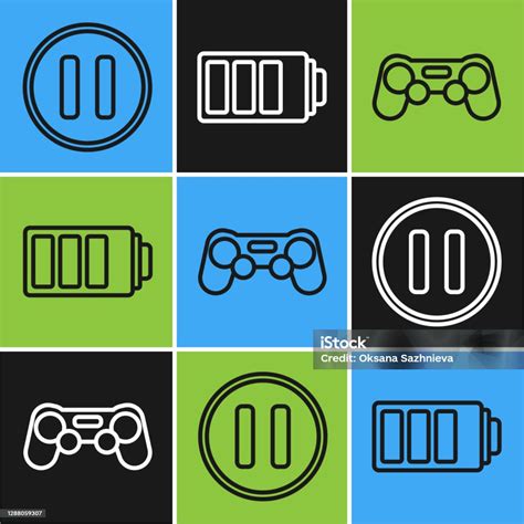세트 일시 정지 버튼 게임 패드 및 배터리 충전 수준 표시기 아이콘을 설정합니다 벡터 Brand Name Video Game에 대한 스톡 벡터 아트 및 기타 이미지