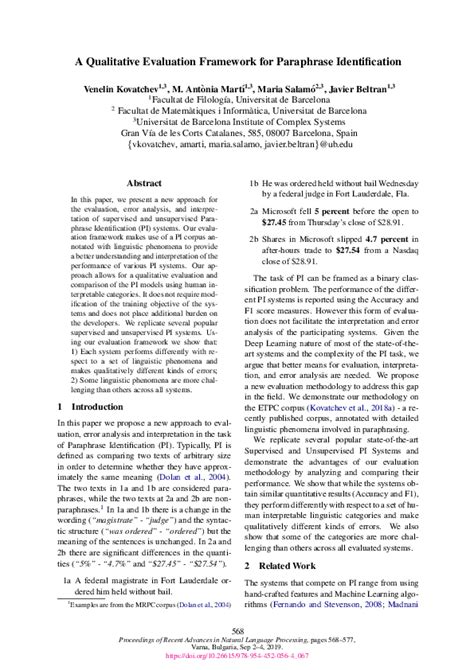 Pdf A Qualitative Evaluation Framework For Paraphrase Identification