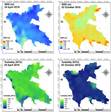 Sdd And Turbidity Spatial Distribution Maps For The Sampling Campaigns Download Scientific
