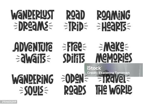 여행 동기 부여 영감 따옴표 세트 벡터 손 Lettering 의 짧은 문구 모험 테마 세계를 여행하고 방랑벽의 꿈을 꾸고 여행을 떠나고 추억을 만들고 길을 열다 격언에 대한