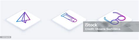 등분성 라인 종이 비행기 테스트 튜브 및 플라스크 화학 실험실 및 안경을 설정합니다 흰색 정사각형 버튼 벡터 3차원 형태에 대한 스톡 벡터 아트 및 기타 이미지 Istock