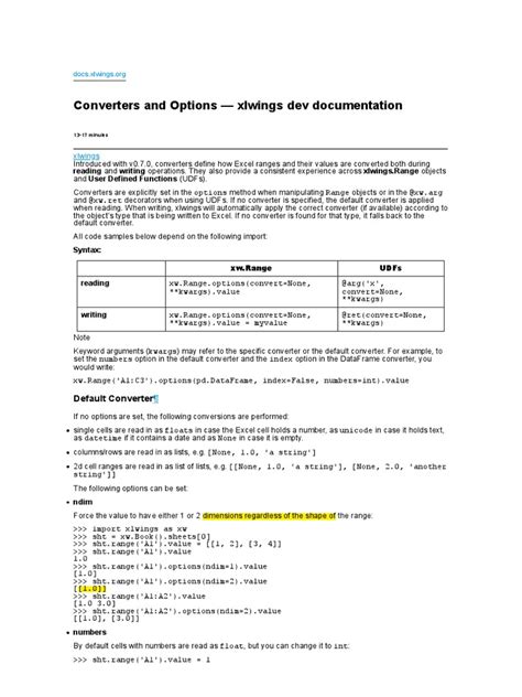 Converters And Options Xlwings Dev Documentation Pdf Pdf Microsoft Excel Class Computer