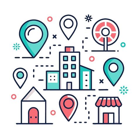 Colorful Line Art Cityscape With Pinpoint Markers Premium Ai