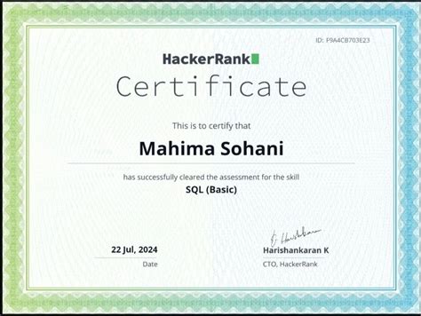 completed the sql basics certification on hackerrank mahima sohani
