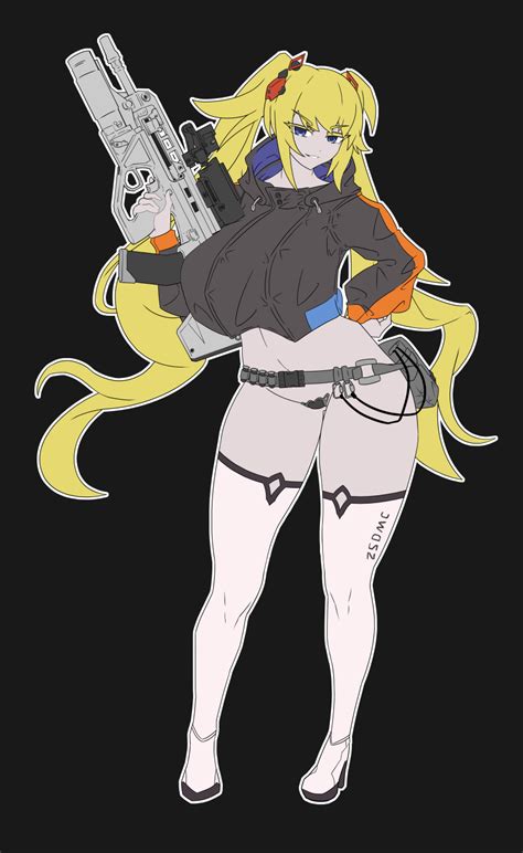 Rule 34 Assault Rifle Blonde Hair Blue Eyes Gun Looking At Viewer Tagme Targer Twintails 9899970
