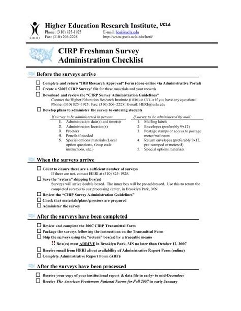Cirp Freshman Survey Administration Checklist Higher Education