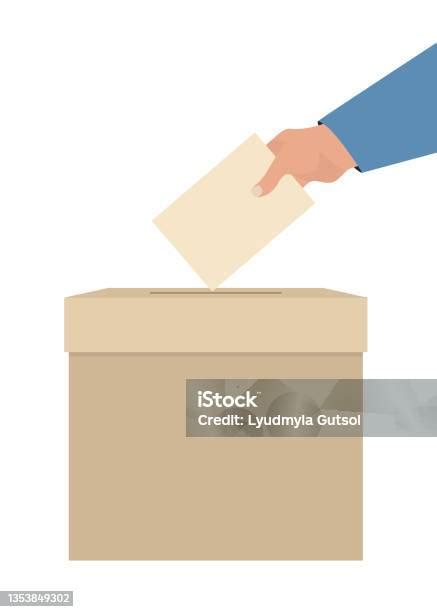 파란색 재킷을 입은 남자가 상자에 봉투를 넣습니다 투표 선거 개념 손은 빈 종이를 상자에 내려 놓았다 편지 소포 상자에 편지