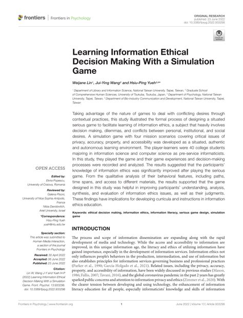 Pdf Learning Information Ethical Decision Making With A Simulation Game