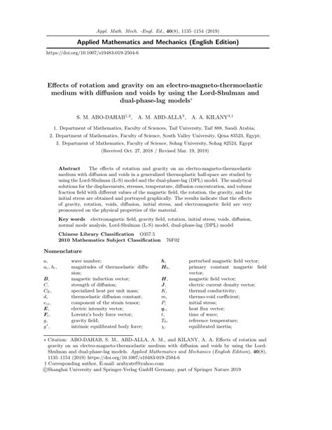 Pdf Effects Of Rotation And Gravity On An Electro Magneto Thermoelastic Medium With Diffusion