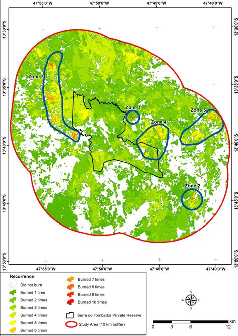 Fire Recurrence Map Of The Stnr And Buffer Zone Between 2001 And 2010 Download Scientific Diagram
