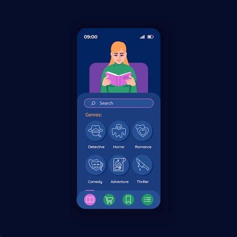 야간 스마트폰 인터페이스 벡터 템플릿을 읽기 위한 응용 프로그램입니다 모바일 앱 페이지 디자인 레이아웃입니다 다양한 책장르 화면 전자책 응용 프로그램에 대한 평면