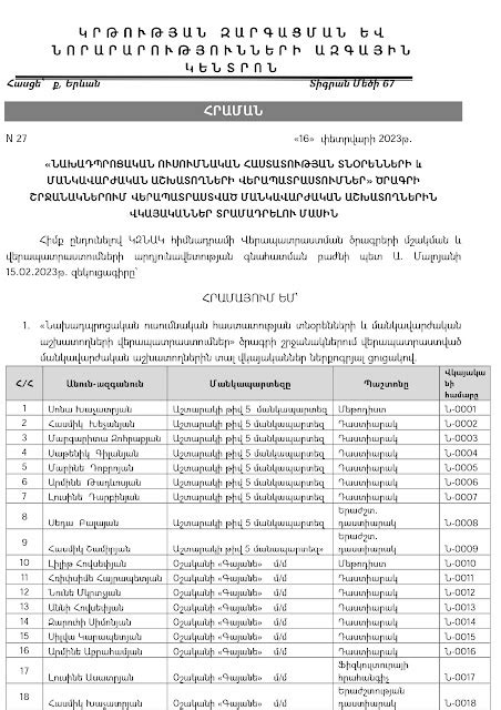 ՆԱԽԱԴՊՐՈՑԱԿԱՆ ՈՒՍՈՒՄՆԱԿԱՆ ՀԱՍՏԱՏՈՒԹՅԱՆ ՎԵՐԱՊԱՏՐԱՍՏՎԱԾ ՄԱՆԿԱՎԱՐԺԱԿԱՆ ԱՇԽԱՏՈՂՆԵՐԻ ՎԿԱՅԱԿԱՆՆԵՐ