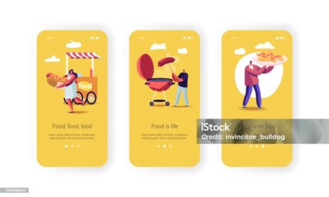화면 템플릿에 스트리트 푸드 모바일 앱 페이지를 구입 문자 패스트 푸드 핫도그와 감자 튀김을 가진 사람들 바베큐그릴에 대한 스톡 벡터 아트 및 기타 이미지 Istock