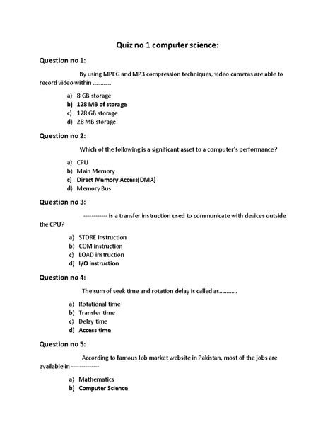 Quiz No 1 Computer Science Quiz No 1 Computer Science Question No 1