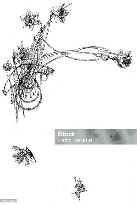 19 세기 페이지는 빈 텍스트 상자를 둘러싼 수 선화의 장식 조각 빅토리아 페이지 책 장식 1890 0명에 대한 스톡 벡터 아트 및 기타 이미지 Istock