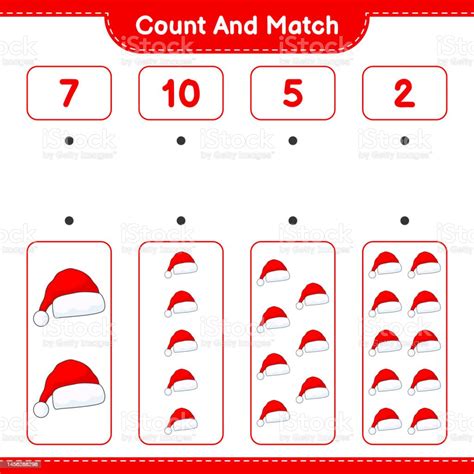 세고 일치시키고 산타 모자의 수를 세고 올바른 숫자와 일치시킵니다 교육 어린이 게임 인쇄 워크시트 벡터 일러스트 레이 션 0명에 대한 스톡 벡터 아트 및 기타 이미지