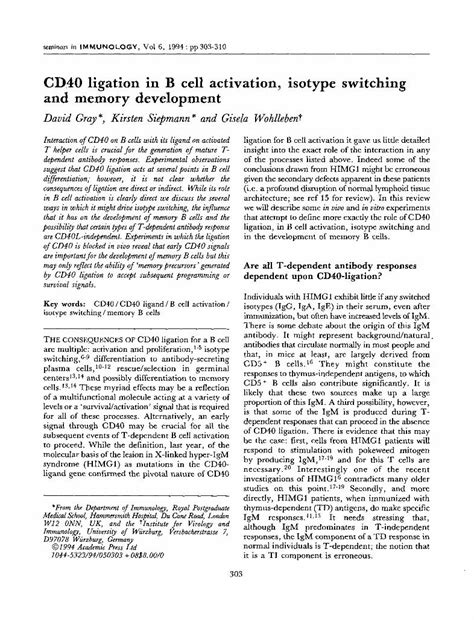 Pdf Cd40 Ligation In B Cell Activation Isotype Switching And Memory
