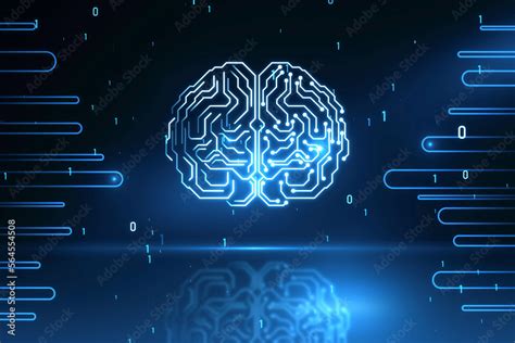 glowing circuit human brain hologram on blurry backdrop with coding