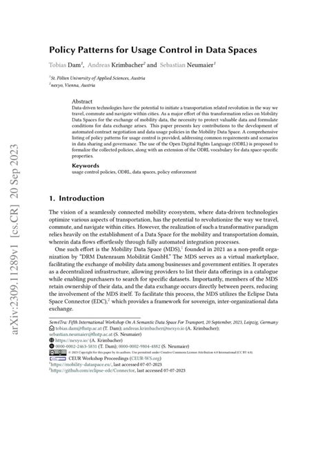 Policy Patterns For Usage Control In Data Spaces Deepai