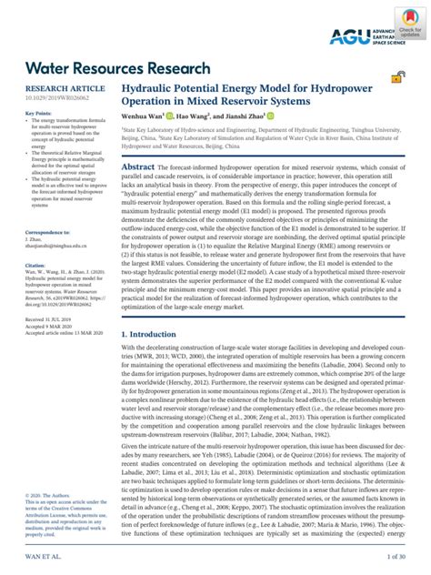 Wan2019hydraulic Potential Energy Model For Hydropower Operation In Mixed Reservoir Systems