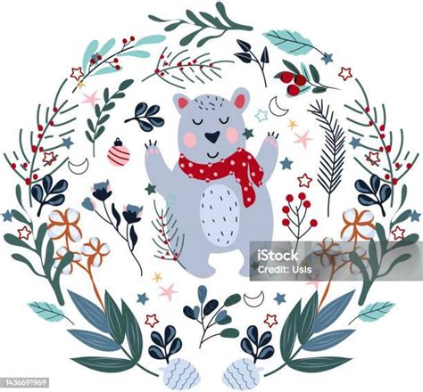 크리스마스 화환 꽃 면화 소나무 가지 컨셉 크리스마스와 새해의 스카프에 재미있는 북극곰이있는 겨울 작곡 인사말 카드 포스터 엽서 배너에 적합합니다 벡터 2023년에 대한