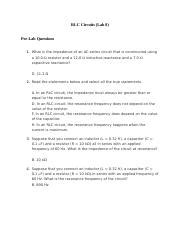 Report Sheet Lab Docx RLC Circuits Lab Pre Lab Questions What Is The Impedance Of An AC