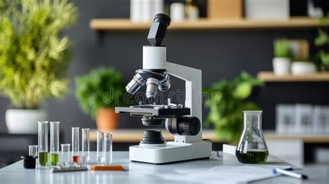 Science Lab Table With Microscope And Test Tubes Symbolizes Practical