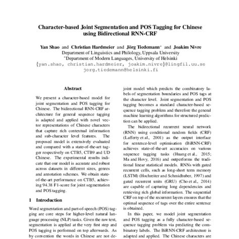 Character Based Joint Segmentation And Pos Tagging For Chinese Using Bidirectional Rnn Crf Acl