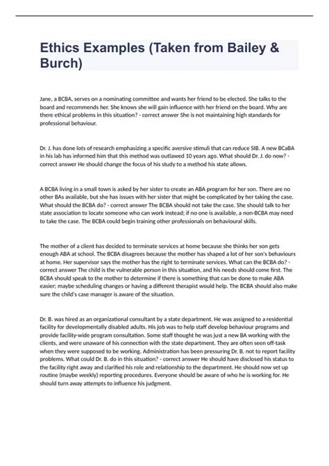 Ethics Examples Taken From Bailey And Burch Fully Solved 2023 2024 Passed Bacb Stuvia Us