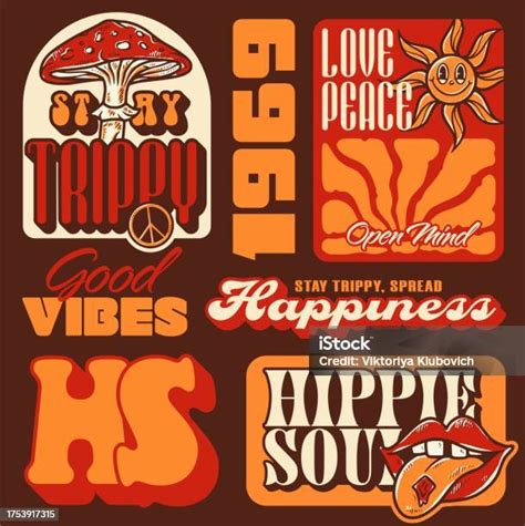 그루비 히피 70년대 스티커 재미있는 만화 꽃 무지개 평화 사랑 미소 버섯 눈 트렌디한 복고풍 사이키델릭 만화 스타일의 60년대 스티커 팩 좋은 분위기 그루비 유지 1960