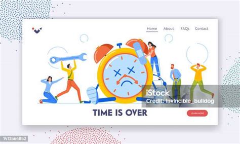 랜딩 페이지 템플릿에 시간이 걸립니다 깨진 알람 시계를 수정하려고하는 작은 남성 또는 여성 캐릭터 사무실 사람들 팀 개념에 대한