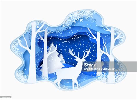 겨울 3d 추상 종이 잘라 눈과 숲에서 사슴의 그림 벡터 템플릿 겨울에 대한 스톡 벡터 아트 및 기타 이미지 겨울 계절 나무 Istock
