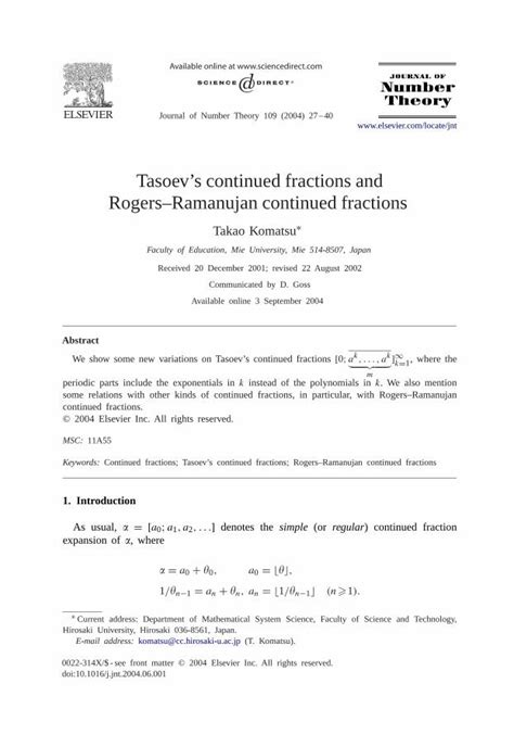 Pdf Tasoevs Continued Fractions And Rogers Ramanujan Continued Fractions Dokumen Tips