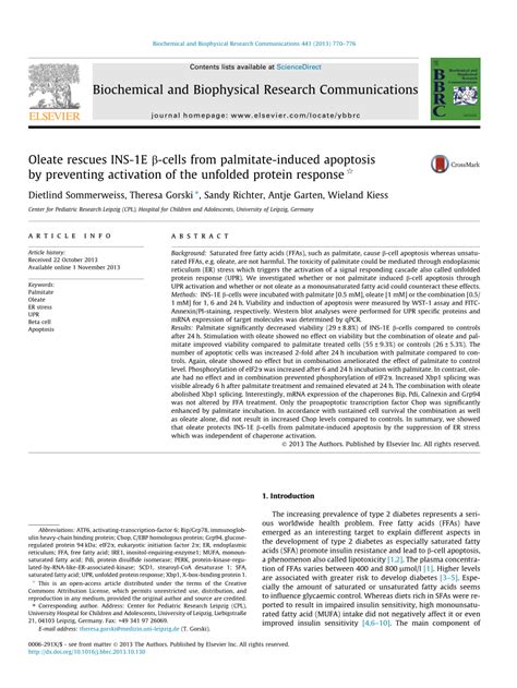 Pdf Oleate Rescues Ins 1e β Cells From Palmitate Induced Apoptosis By