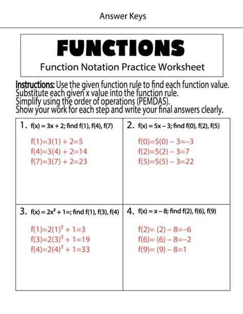 Function Notation Practice Worksheets Evaluate Fx 20 Problems
