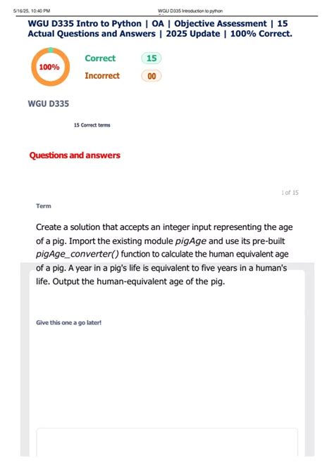 Wgu D335 Intro To Python Oa Objective Assessment 15 Actual Questions And Answers 2025