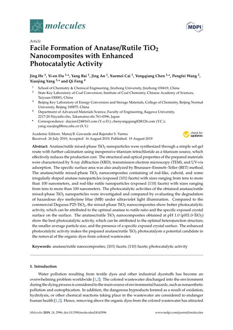 Pdf Facile Formation Of Anataserutile Tio2 Nanocomposites With Enhanced Photocatalytic Activity