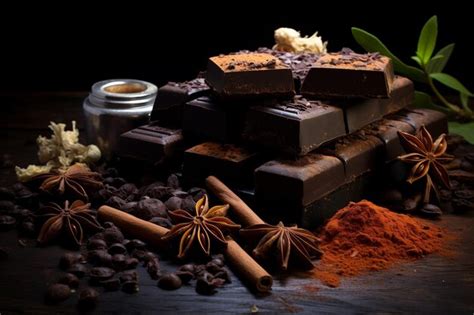 Premium Ai Image An Array Of Spices Cocoa And Chocolate On A Dark Table Generative Ai