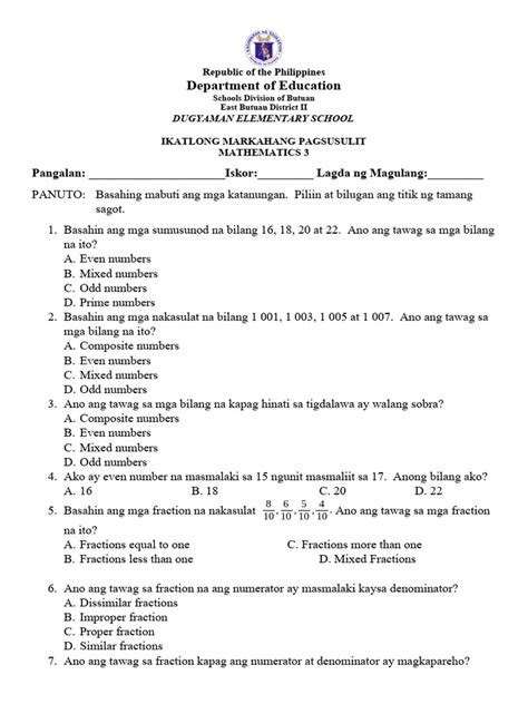 3rd Quarter Exam In Math Pdf