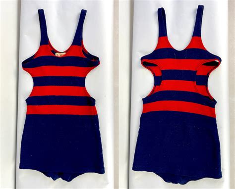 1920s Color Bars Bathing Suit Vintage Antique 20s Navy Blue And Red