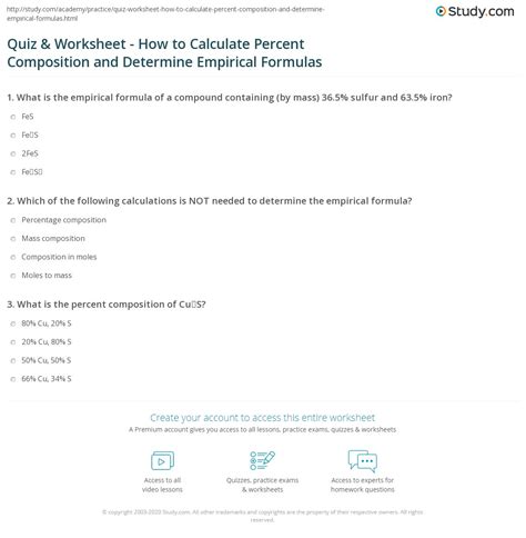 Quiz Worksheet How To Calculate Percent Composition And Determine Empirical Formulas Study Com