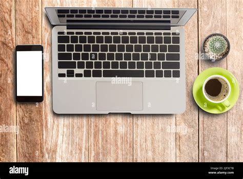 Modern Wood Office Desk Table With Laptopsmart Phonecup Of Coffee And
