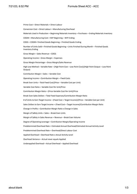 Solution Formula Sheet Acc Understanding Cost Accounting Formulas And