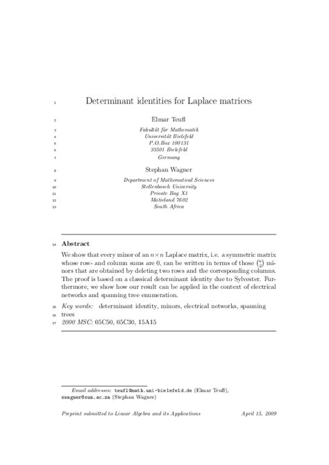 Pdf Determinant Identities For Laplace Matrices