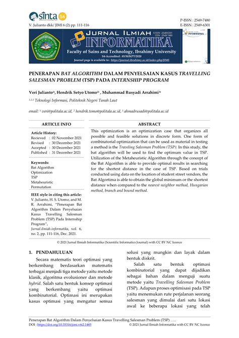 Pdf Penerapan Bat Algorithm Dalam Penyelsaian Kasus Travelling